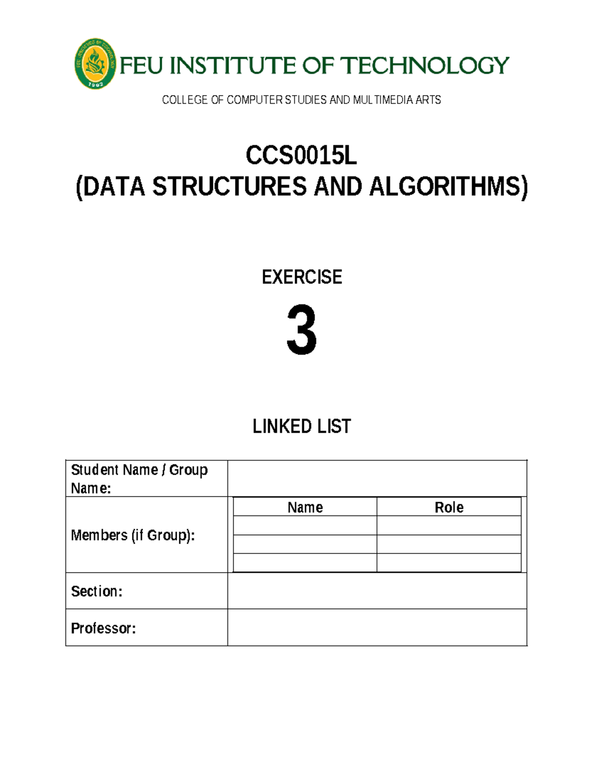CCS0015L - Exercise 3: Linked List Implementation and Analysis - Studocu