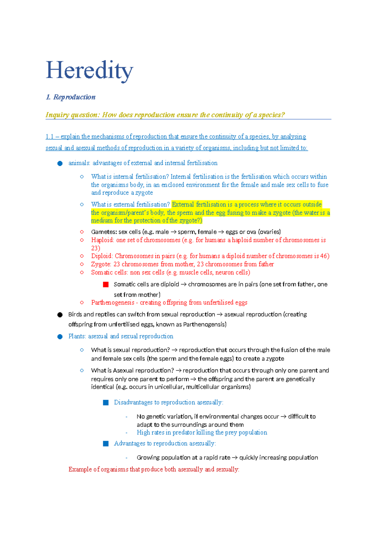 Year 12 Biology Notes: Heredity, Reproduction & Genetic Variation ...