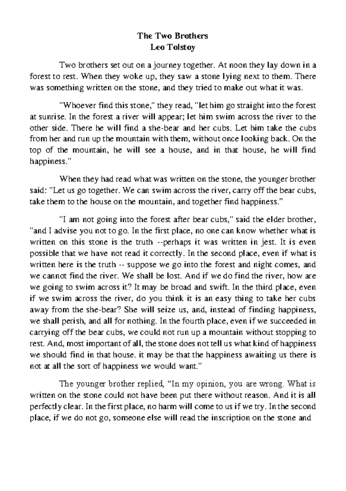 The Two Brothers - none - The Two Brothers Leo Tolstoy Two brothers set ...