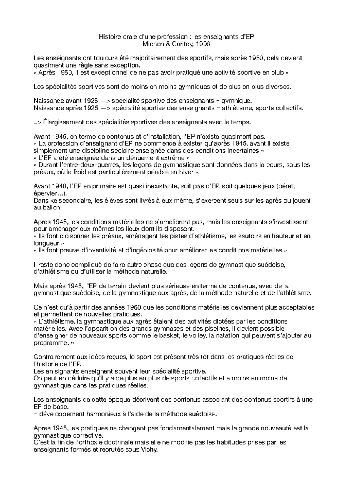 Histoire orale des enseignants en EPS : Michon & Caritey, 1998 - Studocu