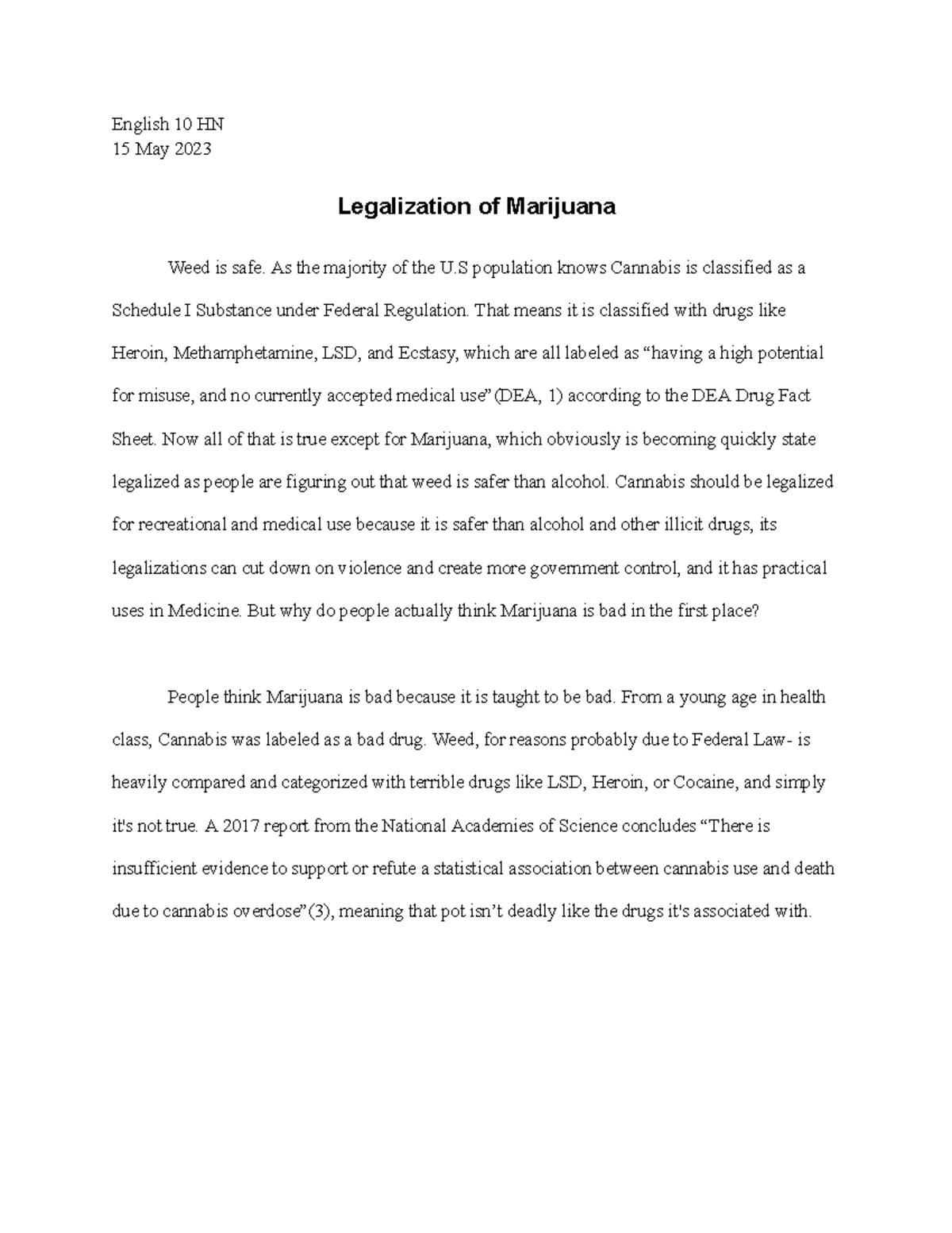 Persuasive Essay: Legalization of Marijuana in English 10 HN - Studocu
