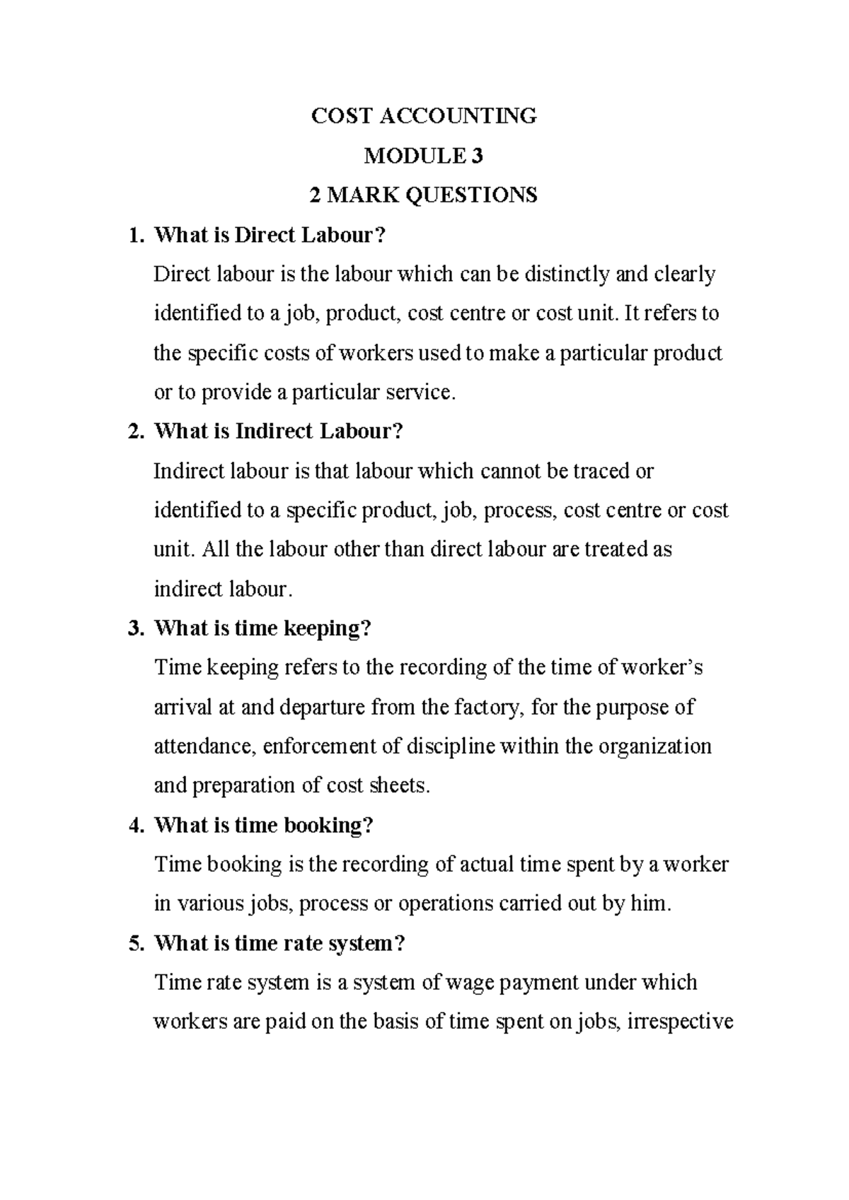 COST ACCOUNTING MODULE 3: 2 MARK QUESTIONS & ANSWERS - Studocu