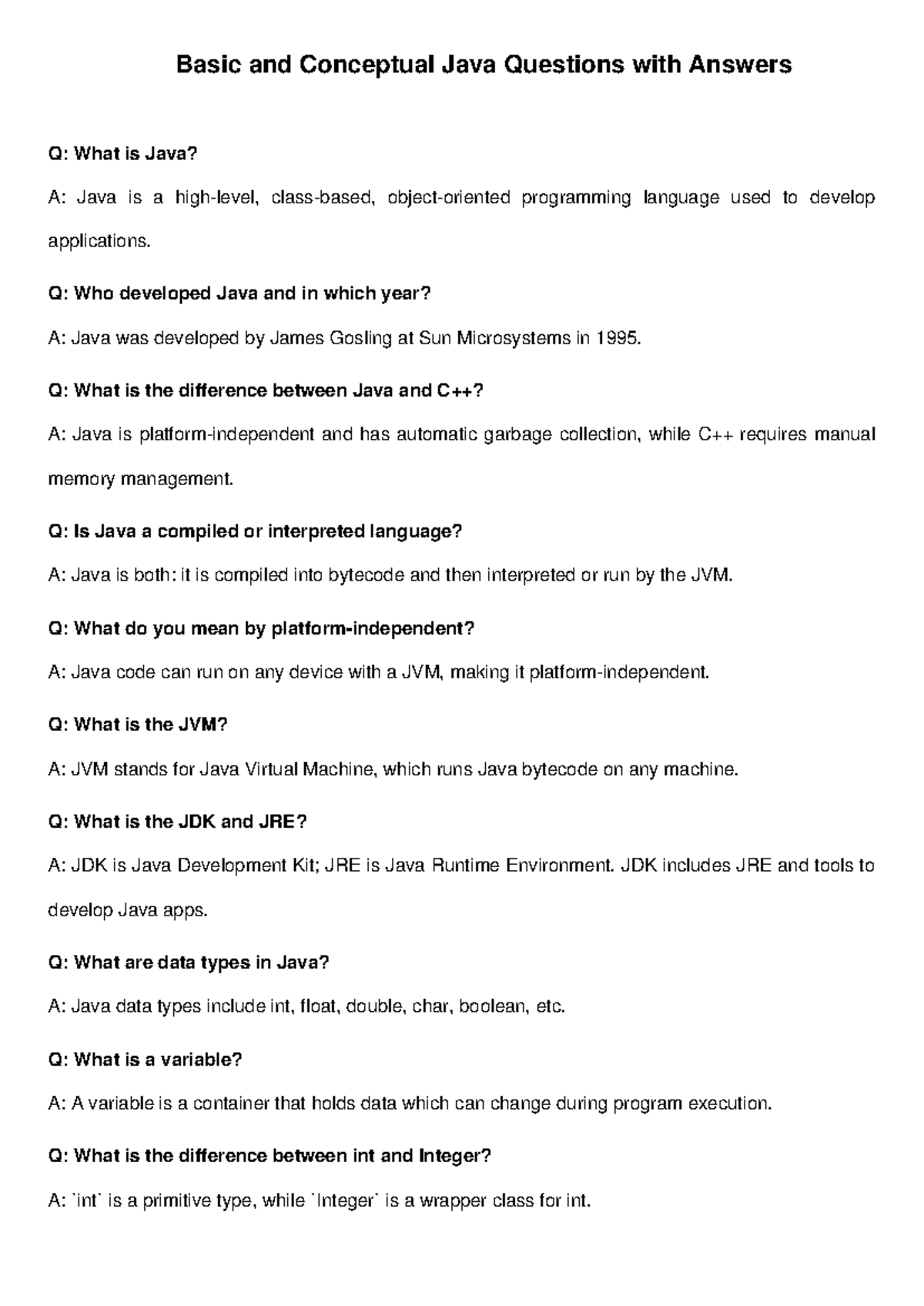 Java Basics Concepts QA: Essential Questions & Answers - Studocu