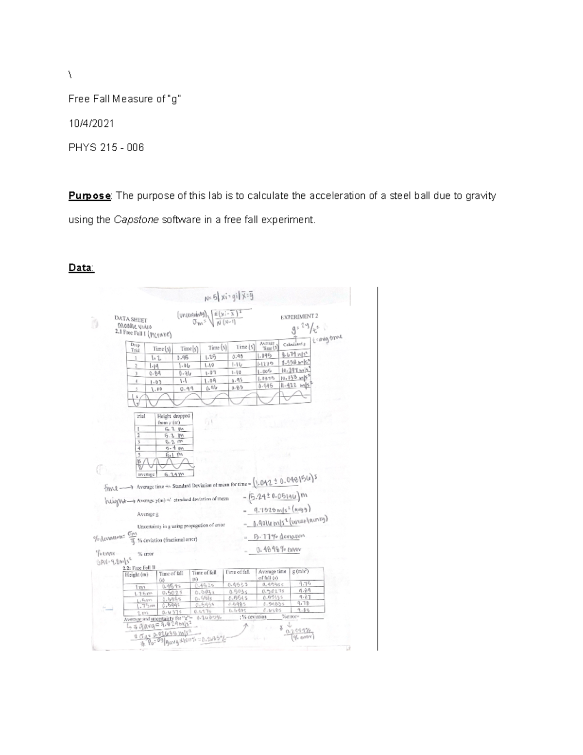 Phys 215 Acceleration due to Gravity - \ Free Fall Measure of “g” 10/4 ...