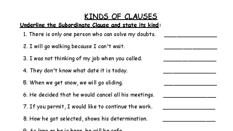 Phrases and Clauses Revision: Identifying Subordinate Clauses - Studocu