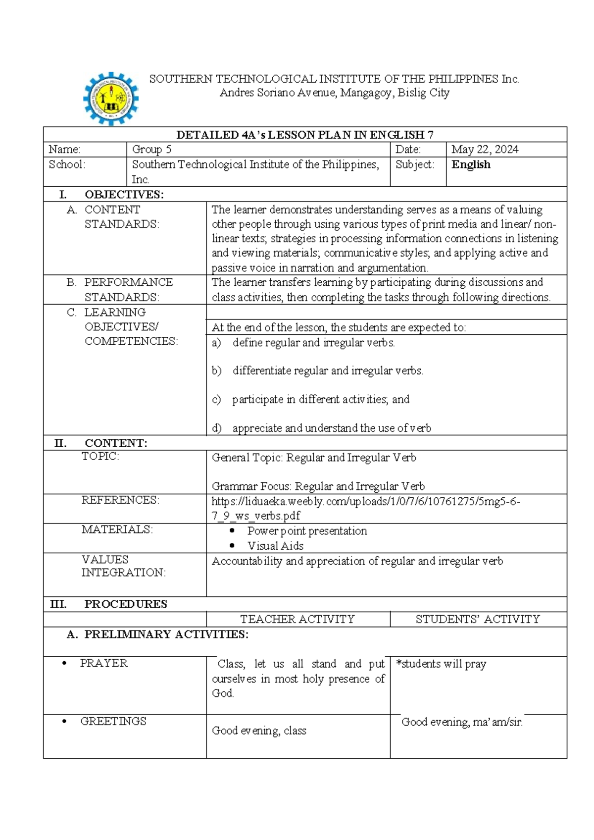 Detailed Lesson Plan on Regular and Irregular Verbs - Eng 7 - Studocu