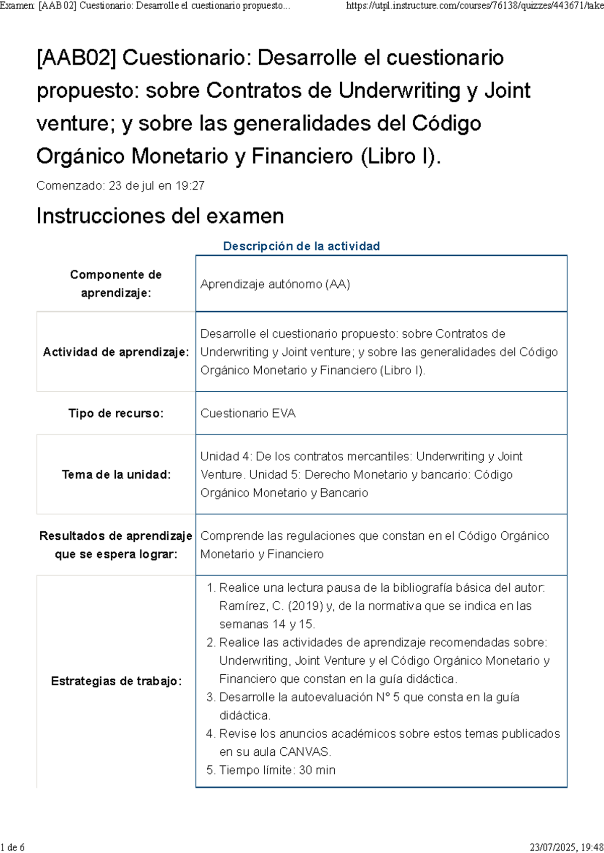 Examen [AAB02] Cuestionario sobre Contratos de Underwriting y Joint ...