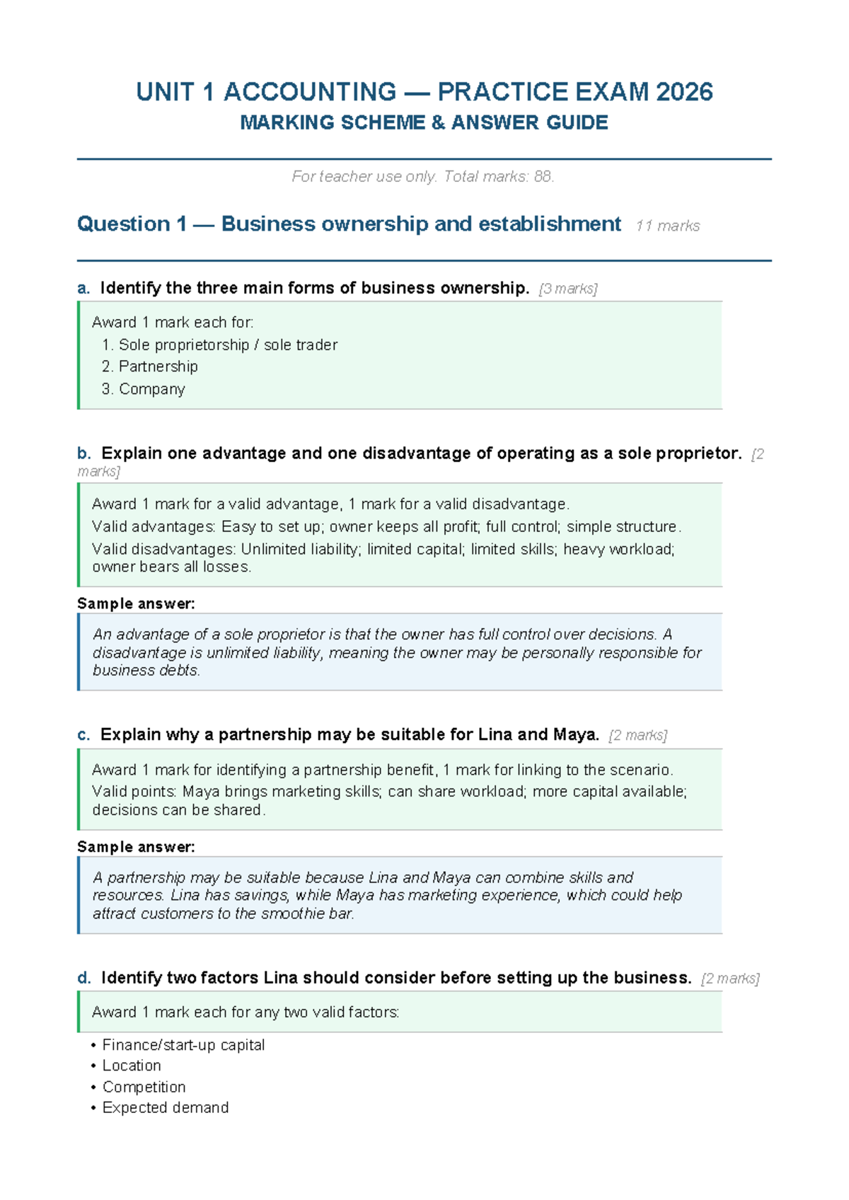 Unit 1 Accounting Practice Exam 2026 Marking Scheme Guide - Studocu