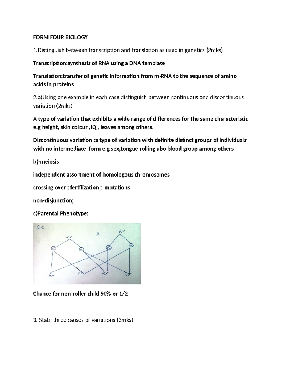 Zool 100: Form Three Biology Exam Questions and Answers - Studocu