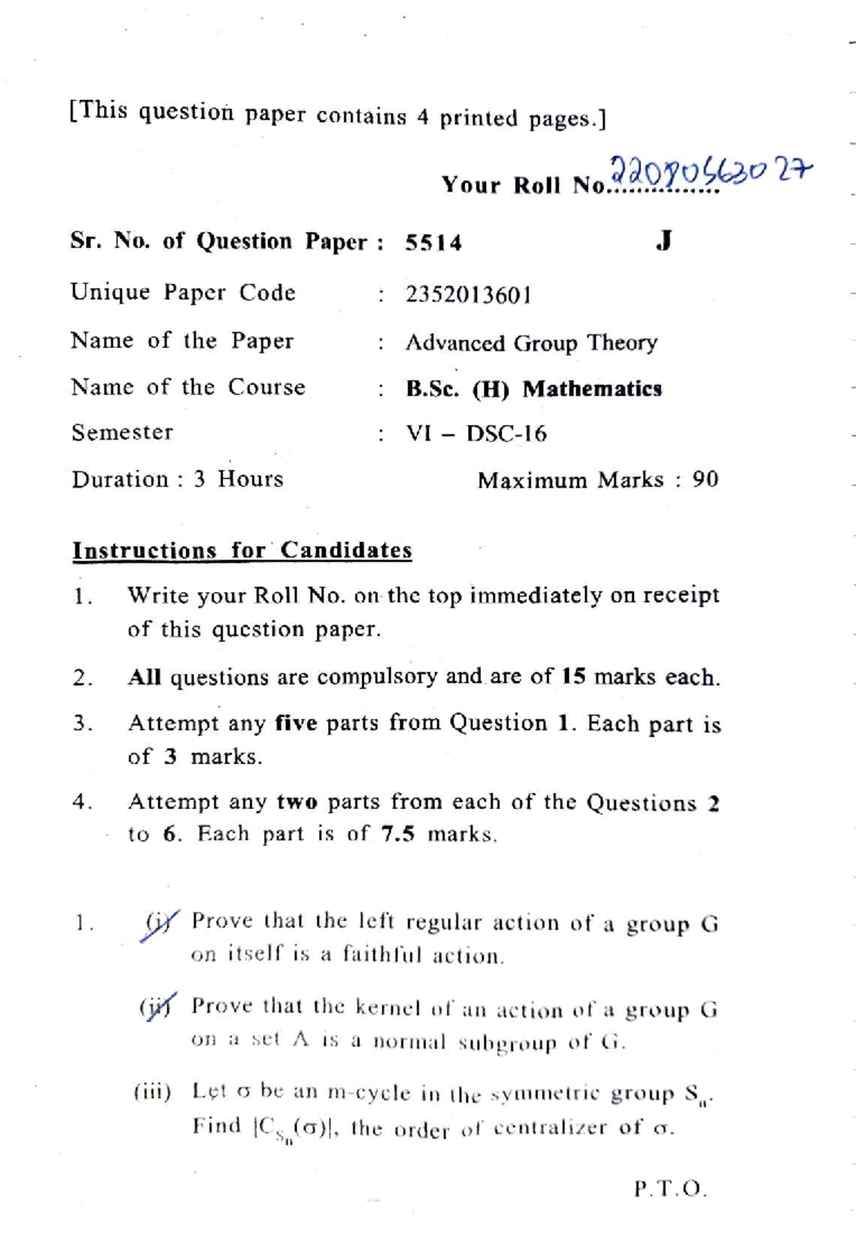 Advanced Group Theory - B.Sc. (H) Math VI Sem PYQ - Studocu