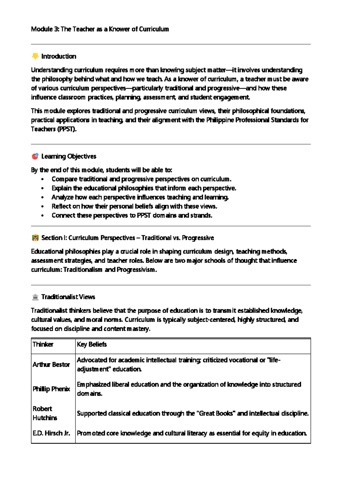 Module 3: Understanding Curriculum Perspectives in Teaching - Studocu