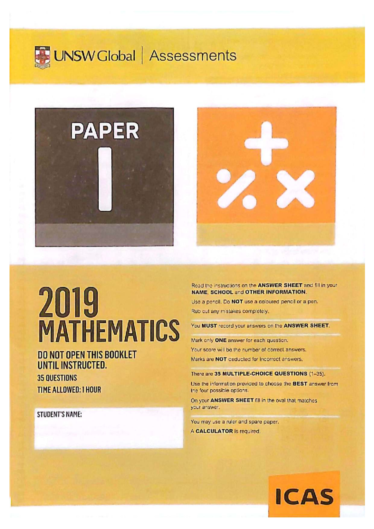 2019 ICAS Math I - Assessment Paper with Instructions and Questions ...