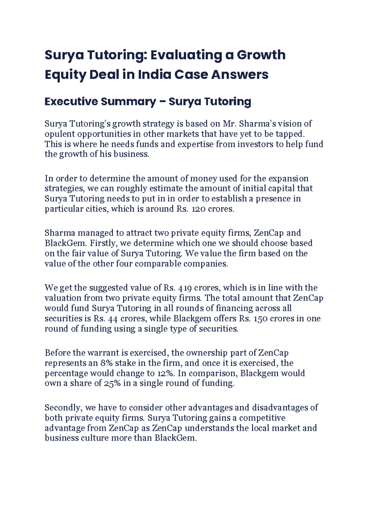 Surya Tutoring (CT101): Evaluating Growth & Equity Funding Case Study - Studocu