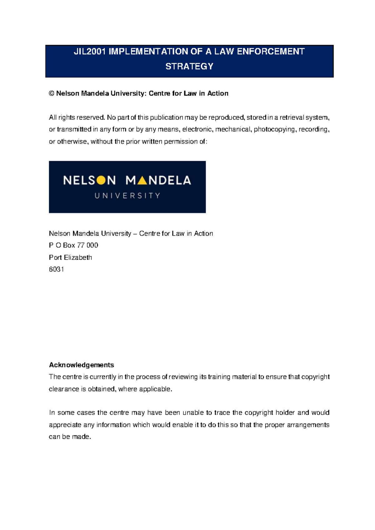 JIL2001 Course Notes: Implementation of Law Enforcement Strategy - Studocu