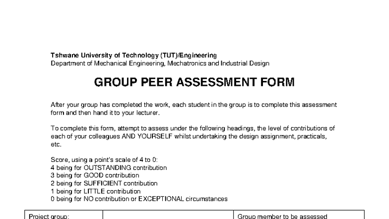 TUT Mechatronics Group Peer Assessment Form - Studocu