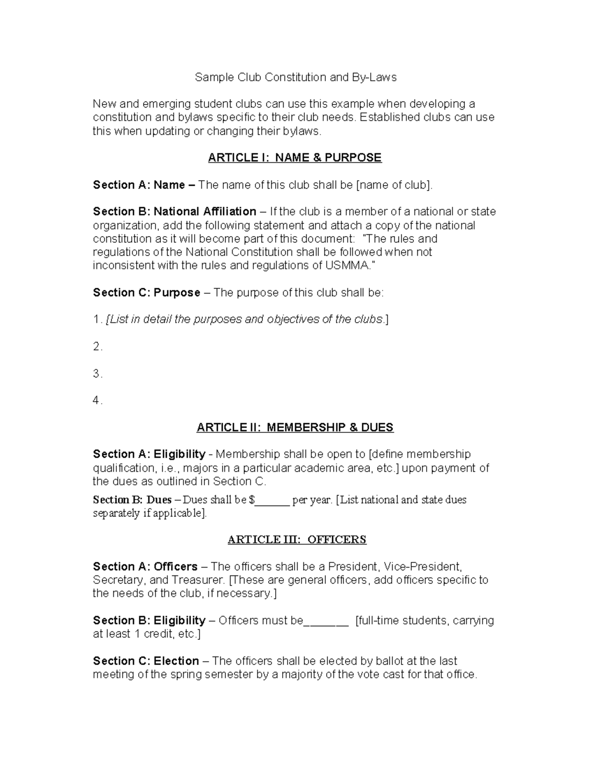USMMA Student Club Constitution & Bylaws Guidelines Sample - Studocu