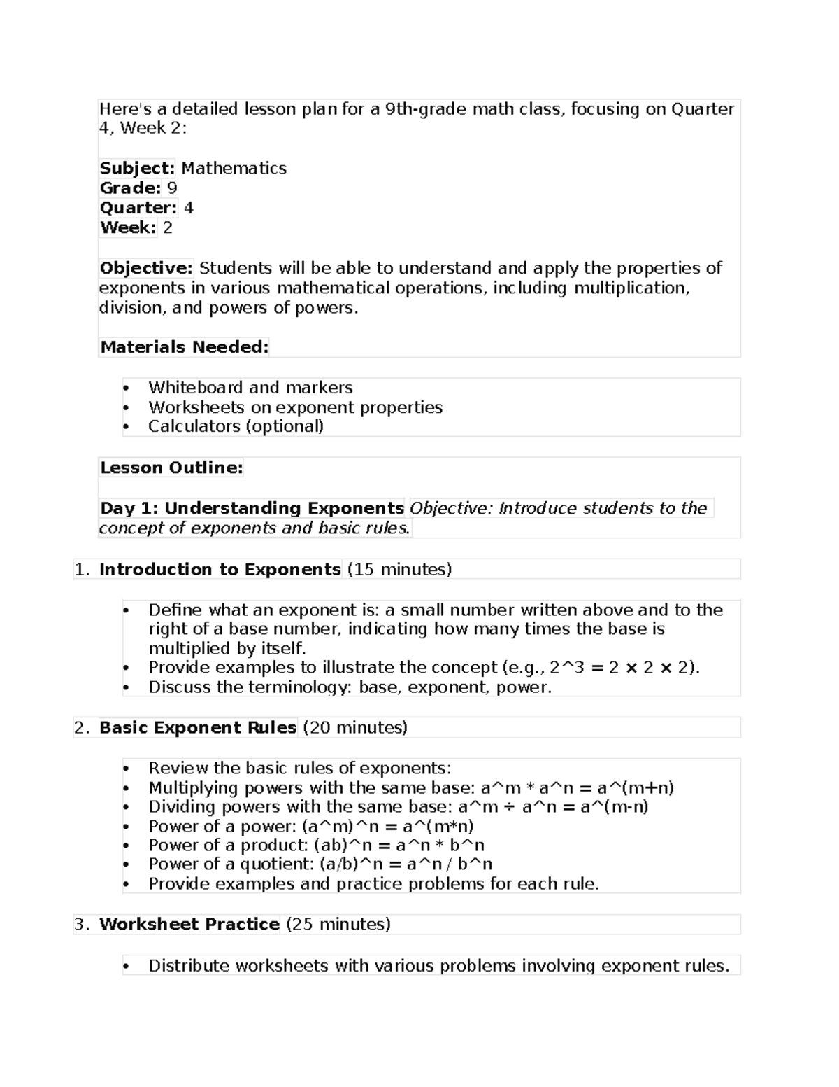 DLP - 9th Grade Math Lesson Plan on Exponents (Q4 Wk 2) - Studocu