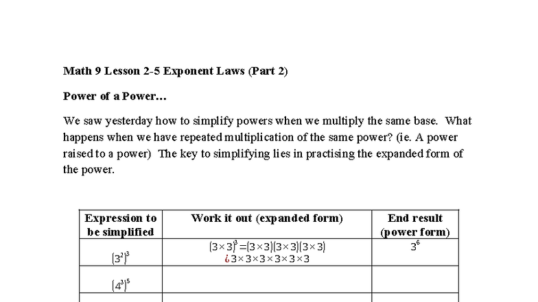 Math 9 Lesson 2-5 Exponent Laws (Part 2) Simplifying Powers - Studocu