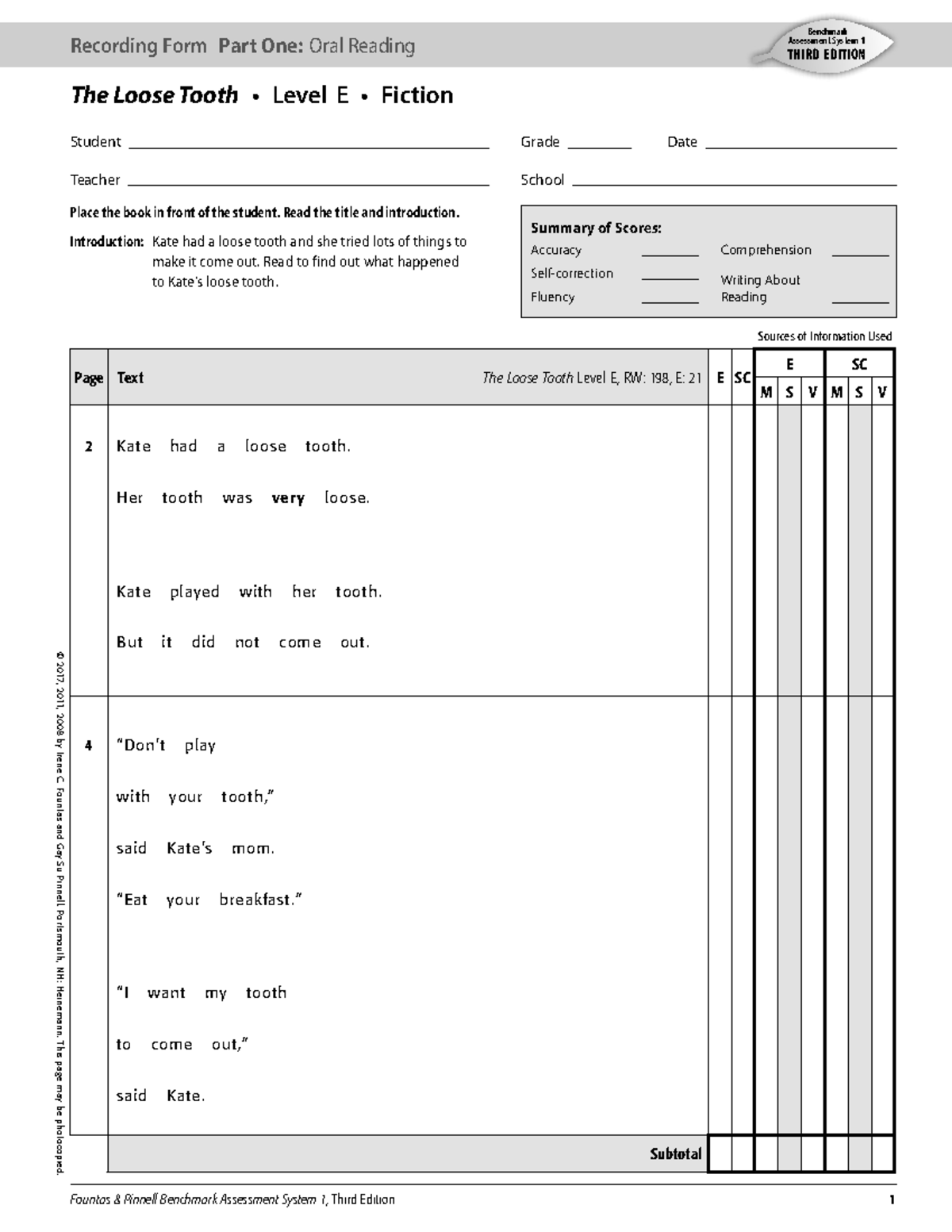 Fountas Pinnell Benchmark Assessment System 1: The Loose Tooth Level E ...