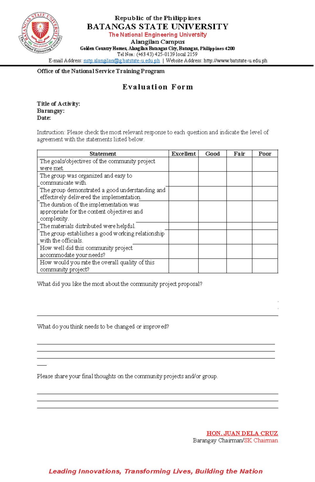 NSTP Evaluation Form for Community Project Assessment - Studocu