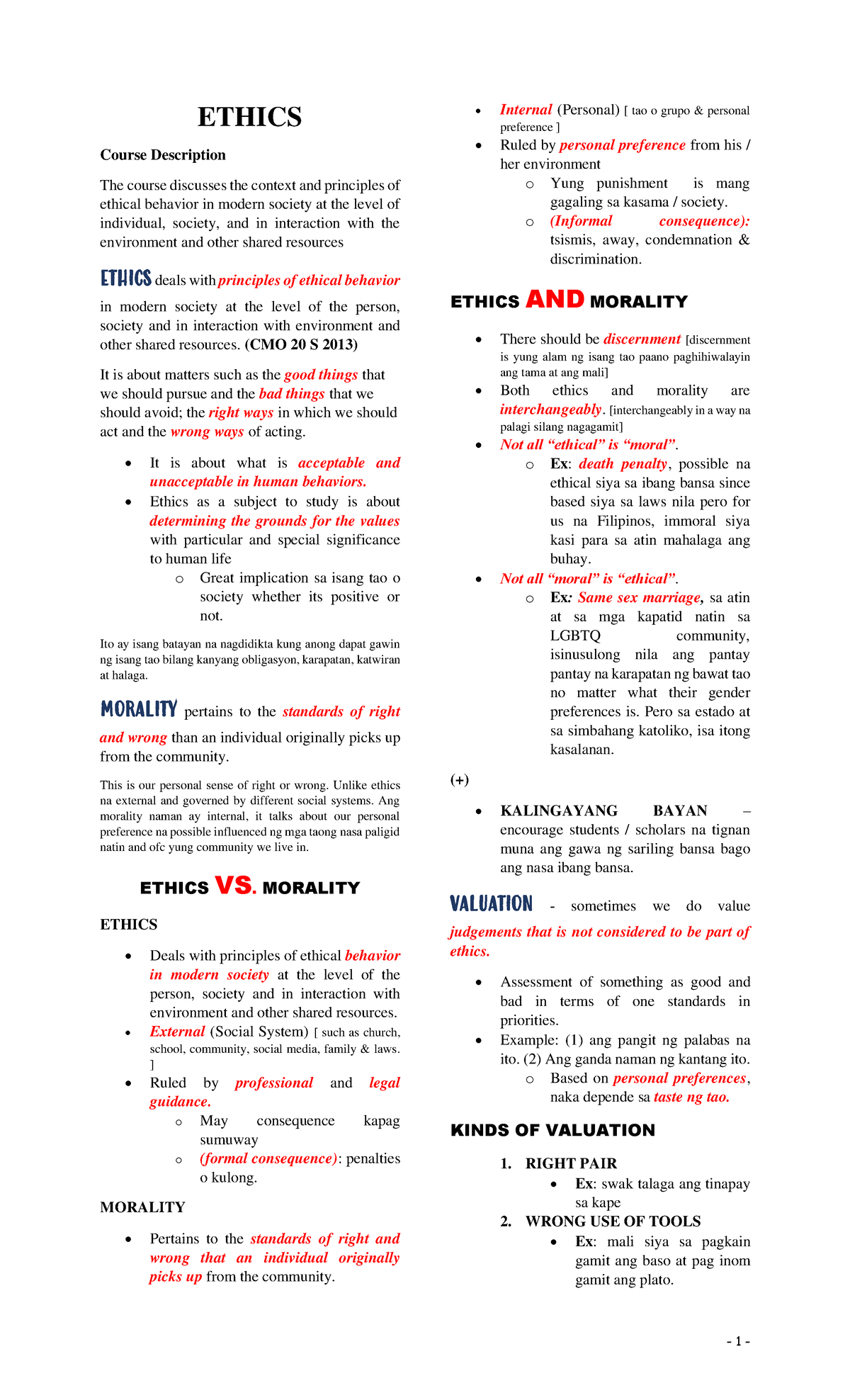 Ethics Lecture Notes: Key Concepts from Chapters 1-5 (CMO 20 S 2013 ...