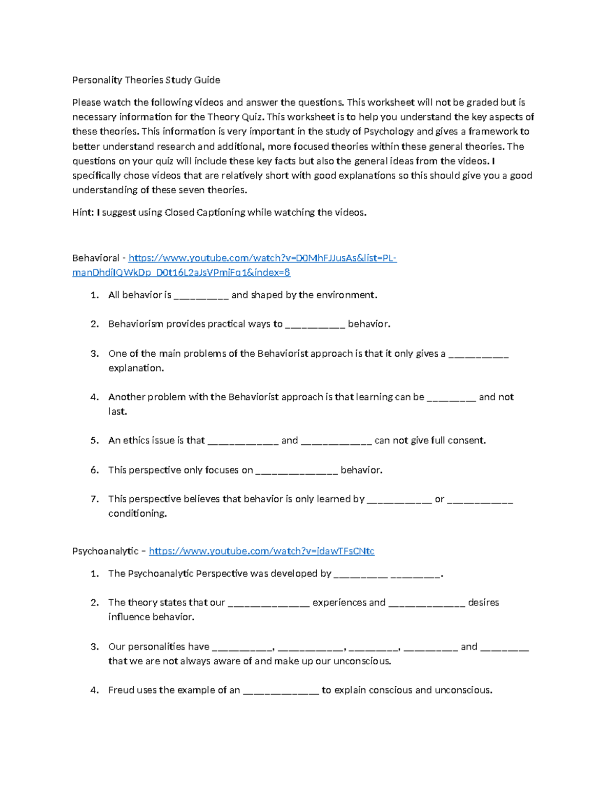 Theory worksheet 202410 - Personality Theories Study Guide Please watch ...