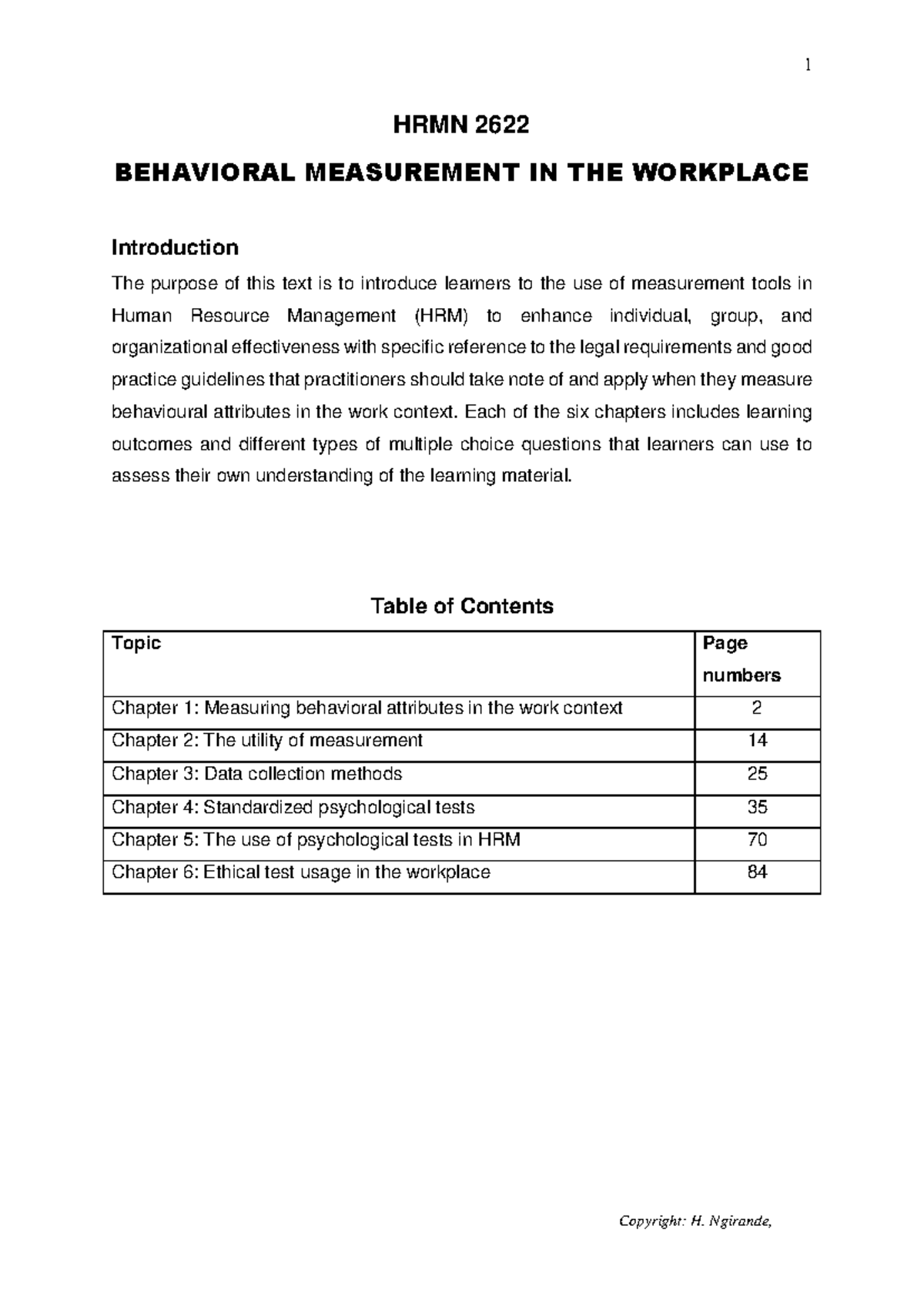 HRMN 222 - Behavioral Measurement in the Workplace Overview and Tools ...