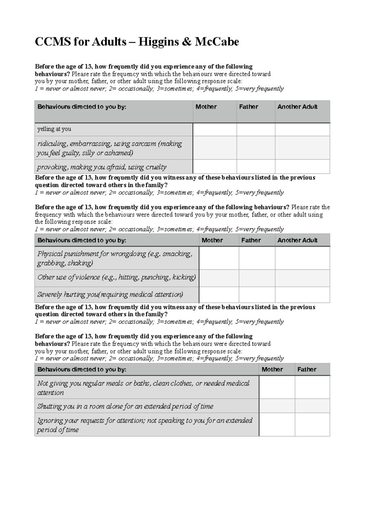 CCMS - Childhood Maltreatment Assessment Scale for Adults - Studocu