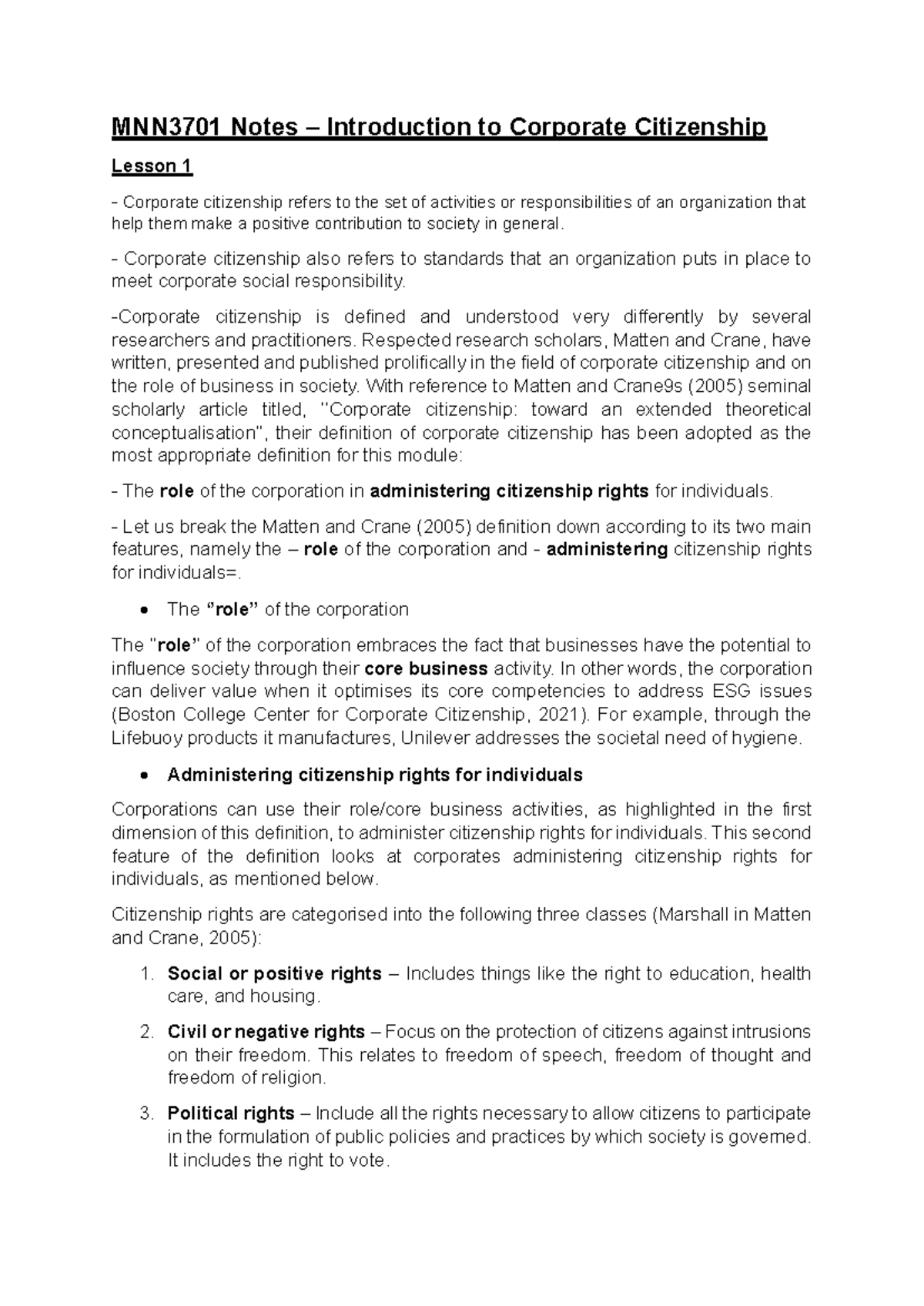 MNN3701 Lesson Notes on Corporate Citizenship and Sustainability - Studocu