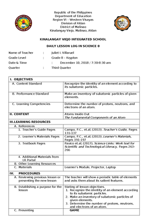 Science 8 - 3rd Quarter Lesson Log: Atomic Structure and Subatomic ...