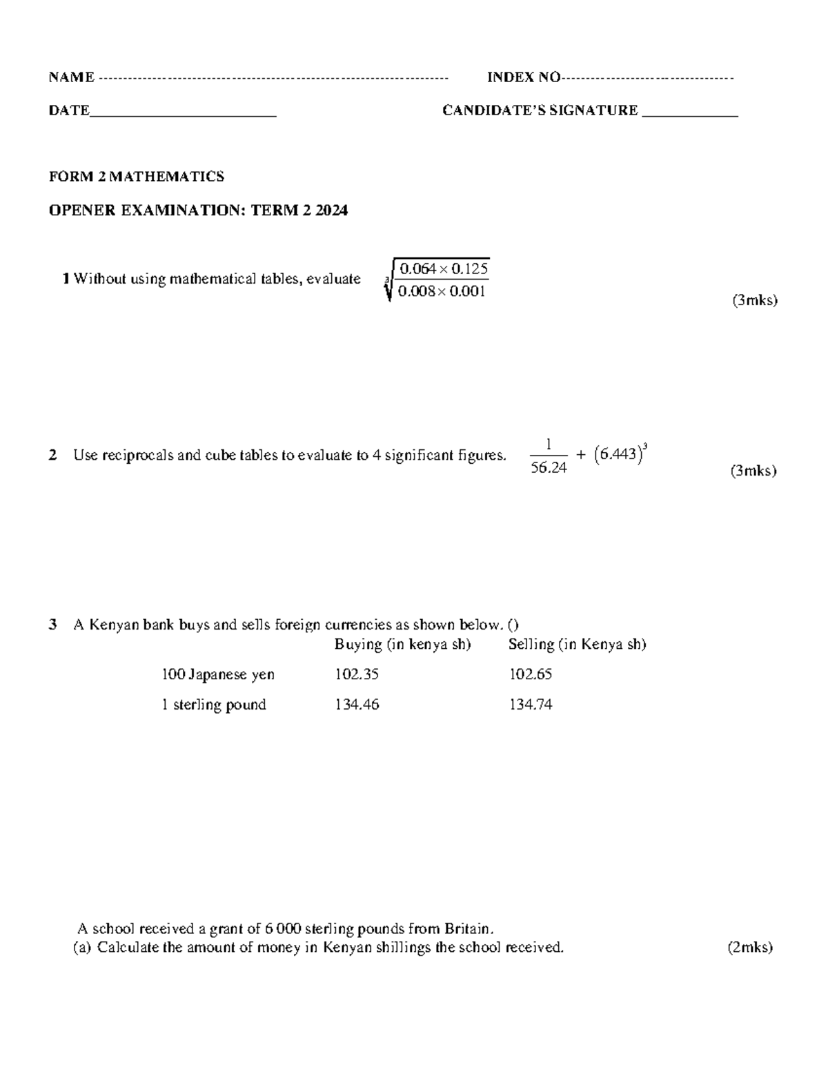 Mathematics TERM 2 2024 Opener Examination Practice Questions - Studocu