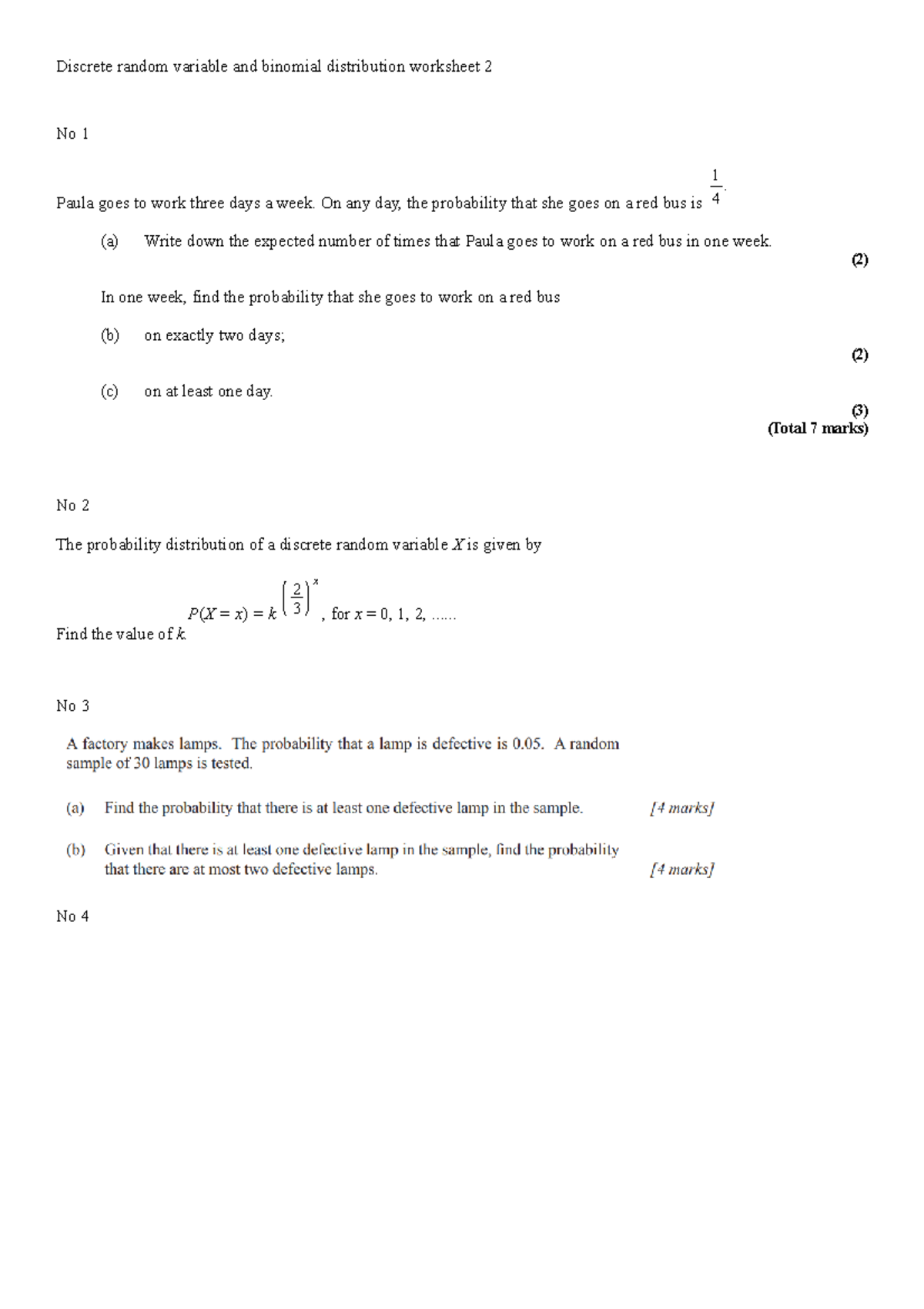 Discrete random variable and binomial distribution worksheet 2 - On any ...