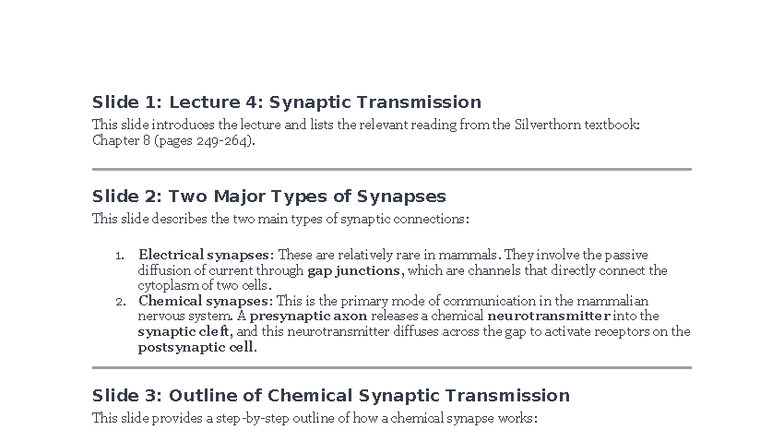 Lecture 4: Synaptic Transmission Overview and Key Concepts - Studocu