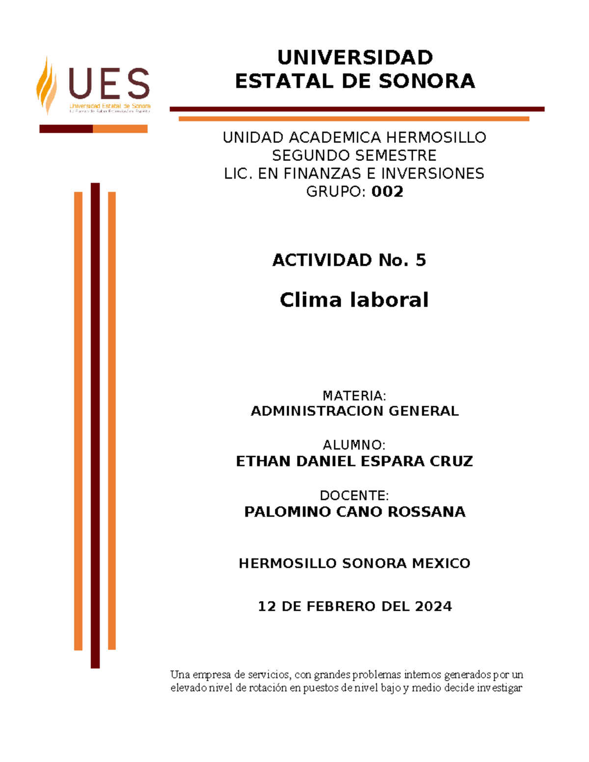 Actividad No. 5: Clima Laboral en Administración General - UES 002 ...