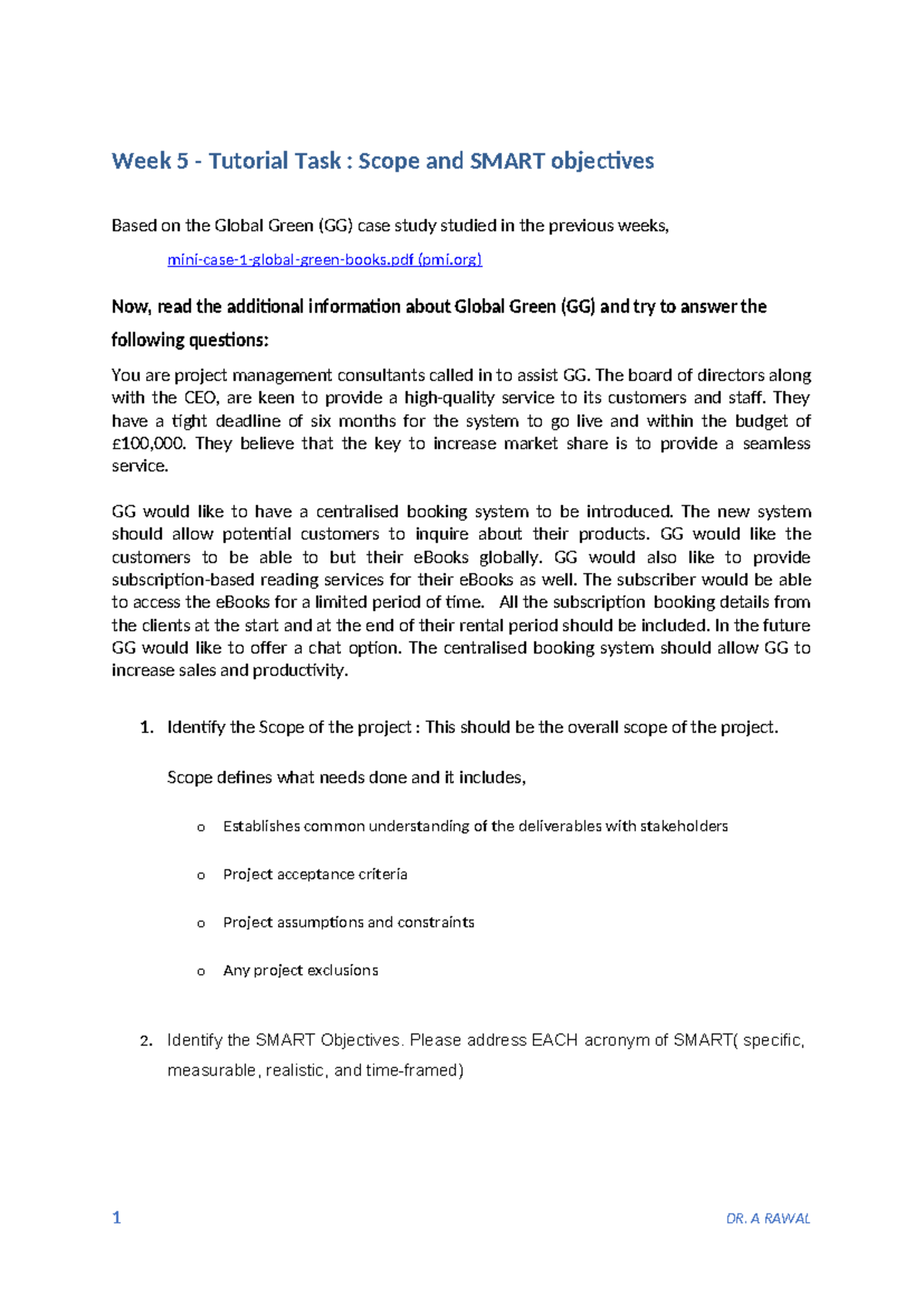 Week 5 - Tutorial Task - Scope and Smart objectives - Week 5 - Tutorial ...