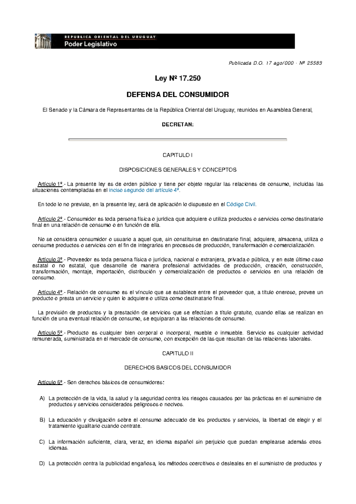 Ley 17250 - hjhhhh - Publicada D. 17 ago/000 - Nº 25583 Ley Nº 17 ...