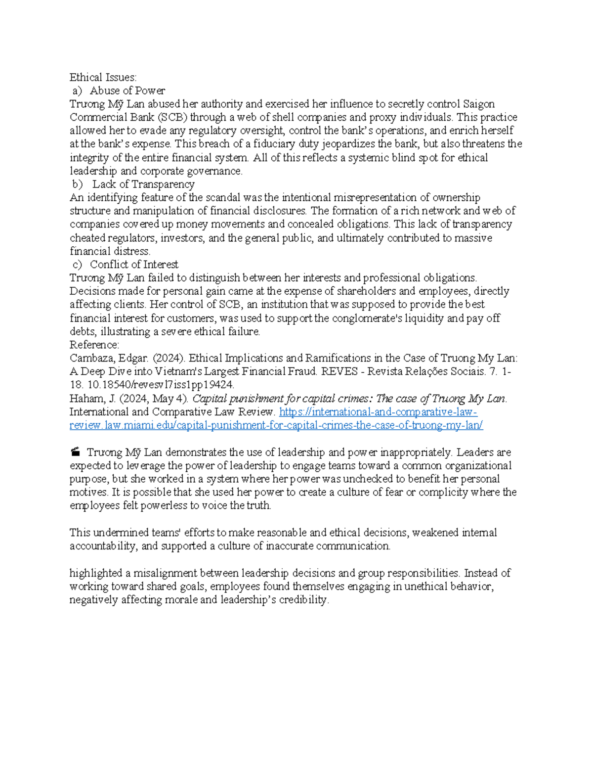 Ethical Issues in Financial Fraud: The Case of Trương Mỹ Lan - Studocu