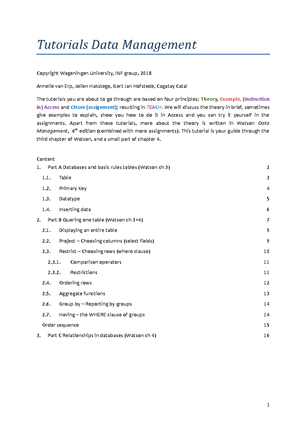 Data Management Tutorial 1: Access, Queries, and Relationships ...