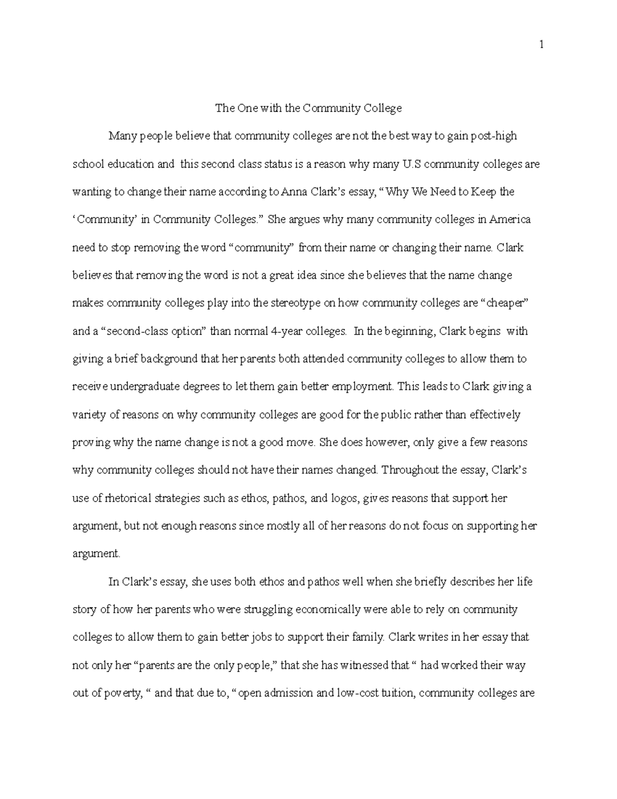 ENG-1000 Essay 1: The Case for Keeping 'Community' in Colleges - Studocu