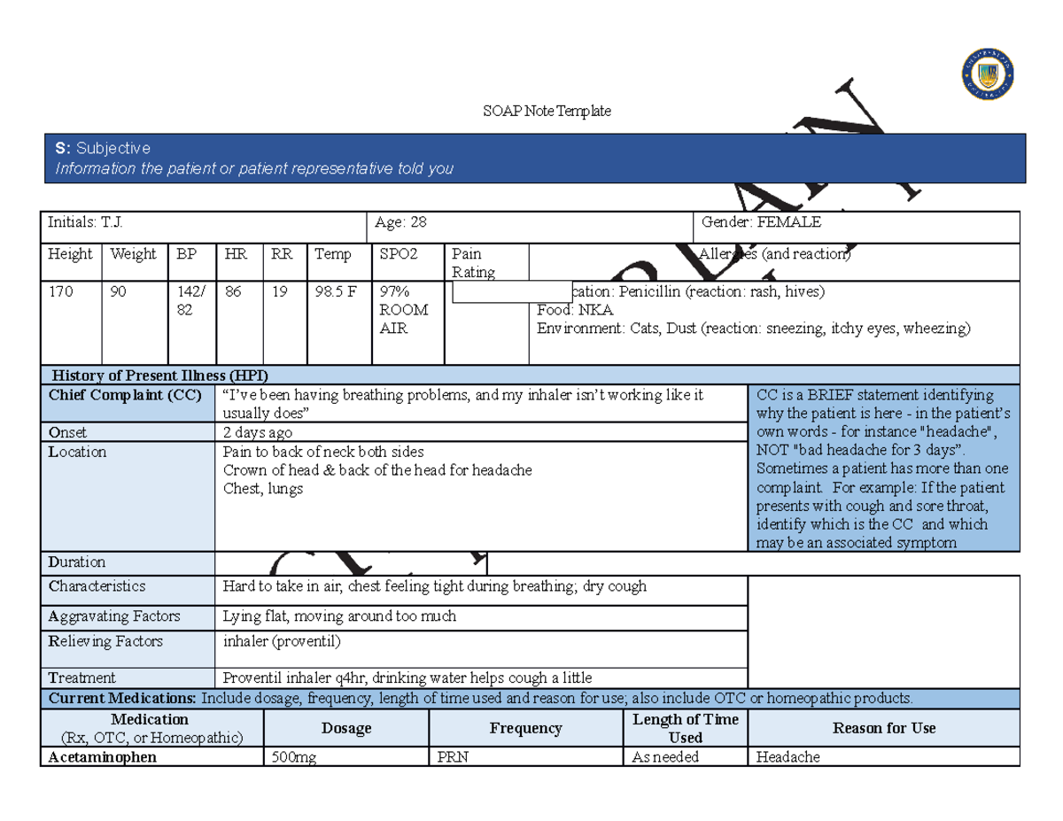SOAP Note Sample: Respiratory Assessment for Asthma Exacerbation - Studocu