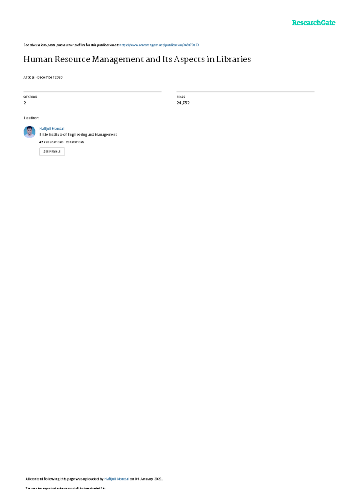 Human Resource Management in Libraries: An Extensive Study (134-141) - Studocu