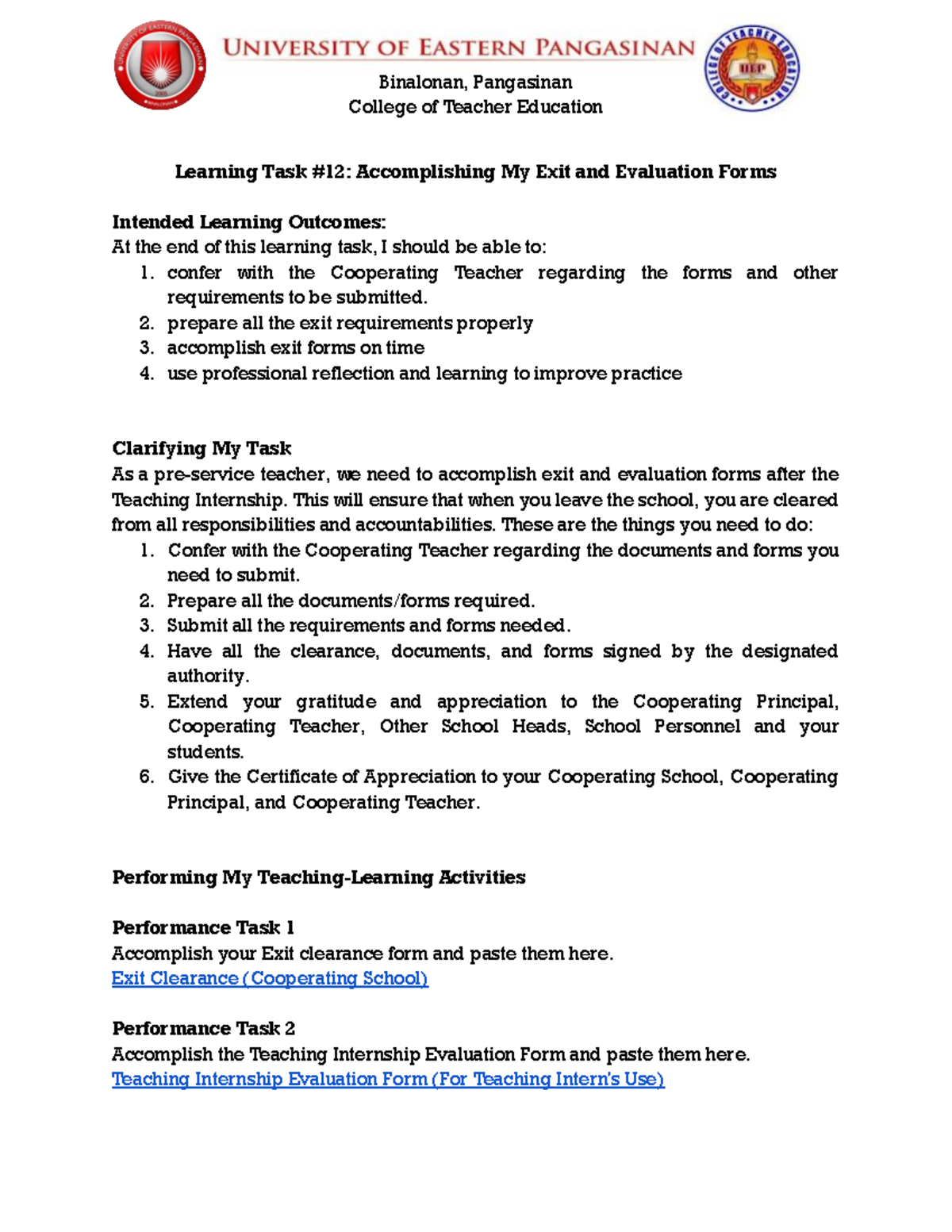 LE12 Exit Requirements & Evaluation Forms for Teaching Internship - Studocu
