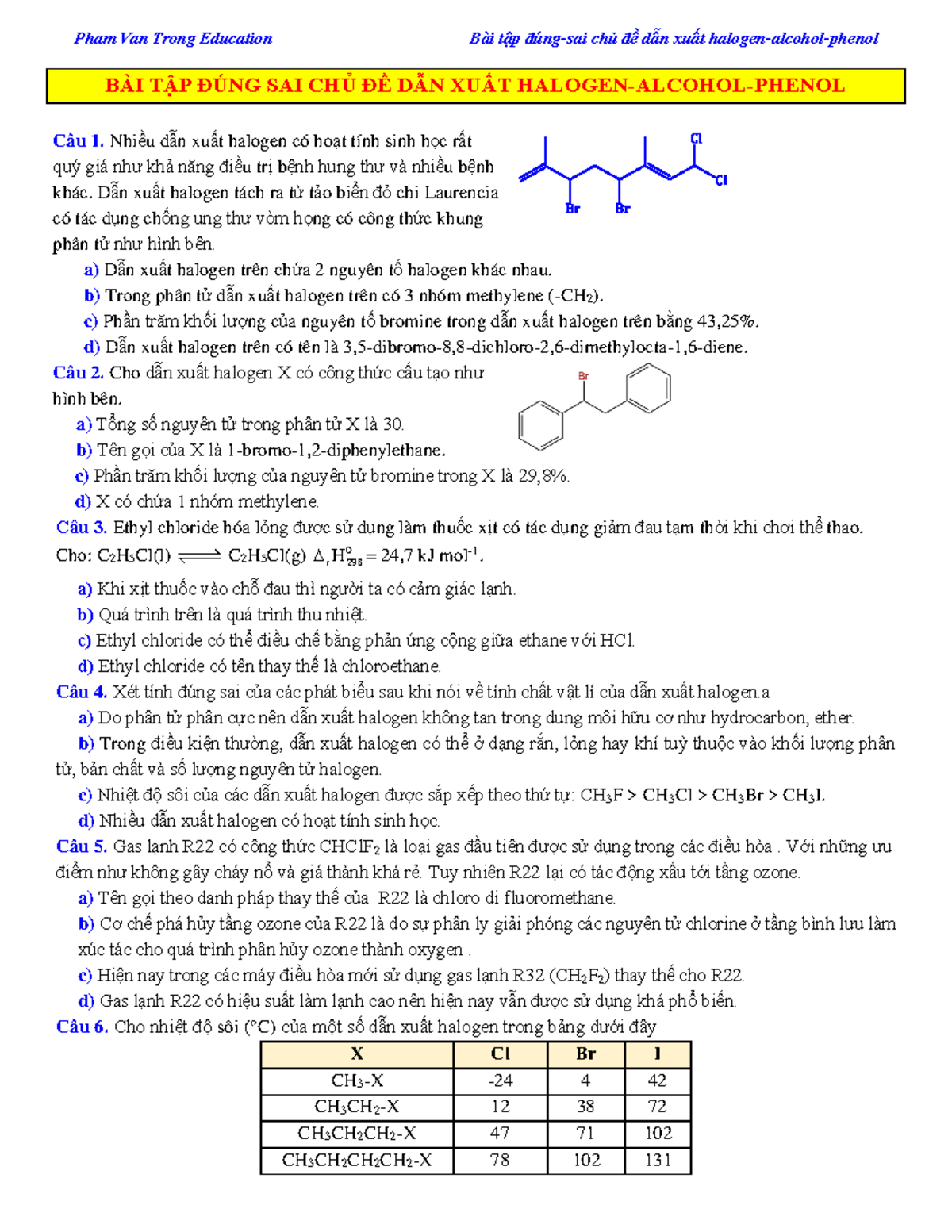 BÀI TẬP ĐÚNG SAI CHỦ ĐỀ DẪN XUẤT HALOGEN-ALCOHOL-PHENOL - Studocu