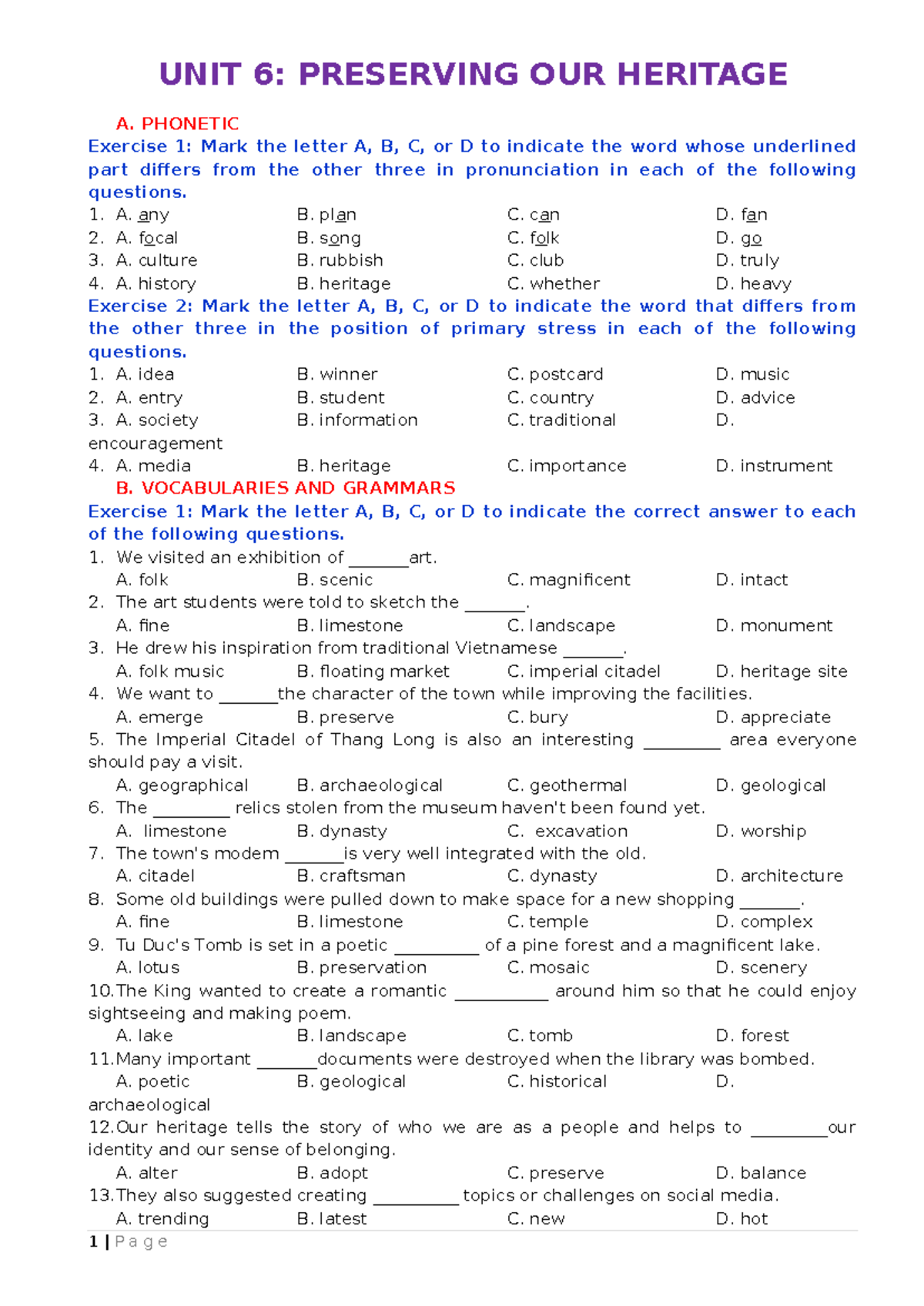 Unit 6: Preserving Our Heritage - Phonetics & Vocabulary Exercises ...