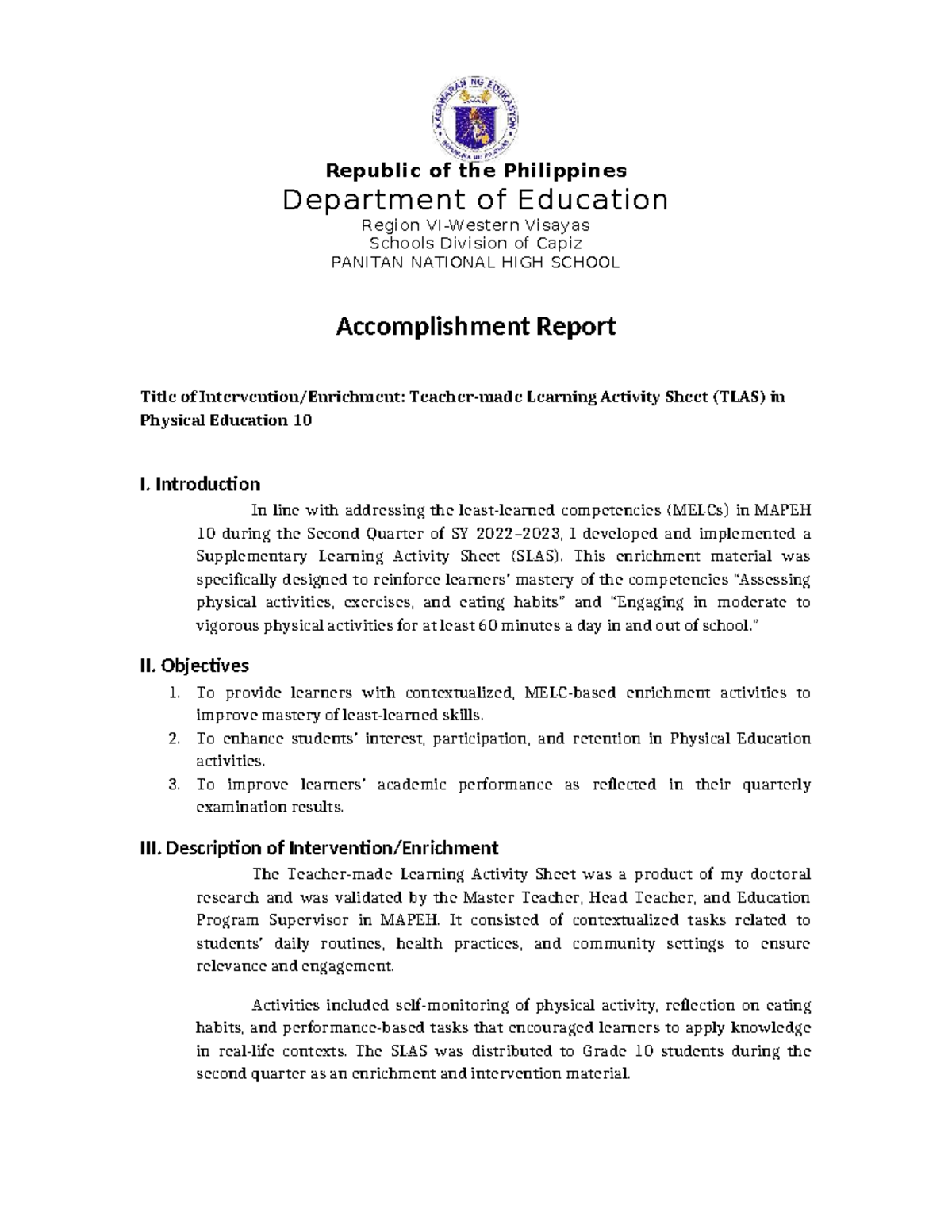 Accomplishment Report on SLAS for PE 10 Activities - Studocu