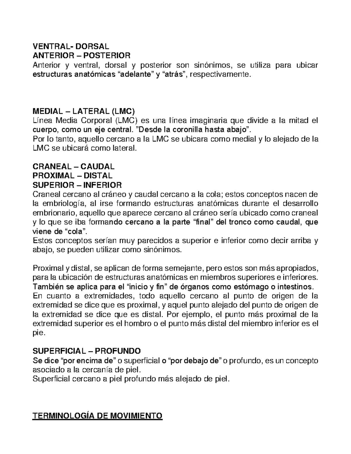 Nomenclatura de Anatomía: Resumen sobre Términos y Movimientos - Studocu