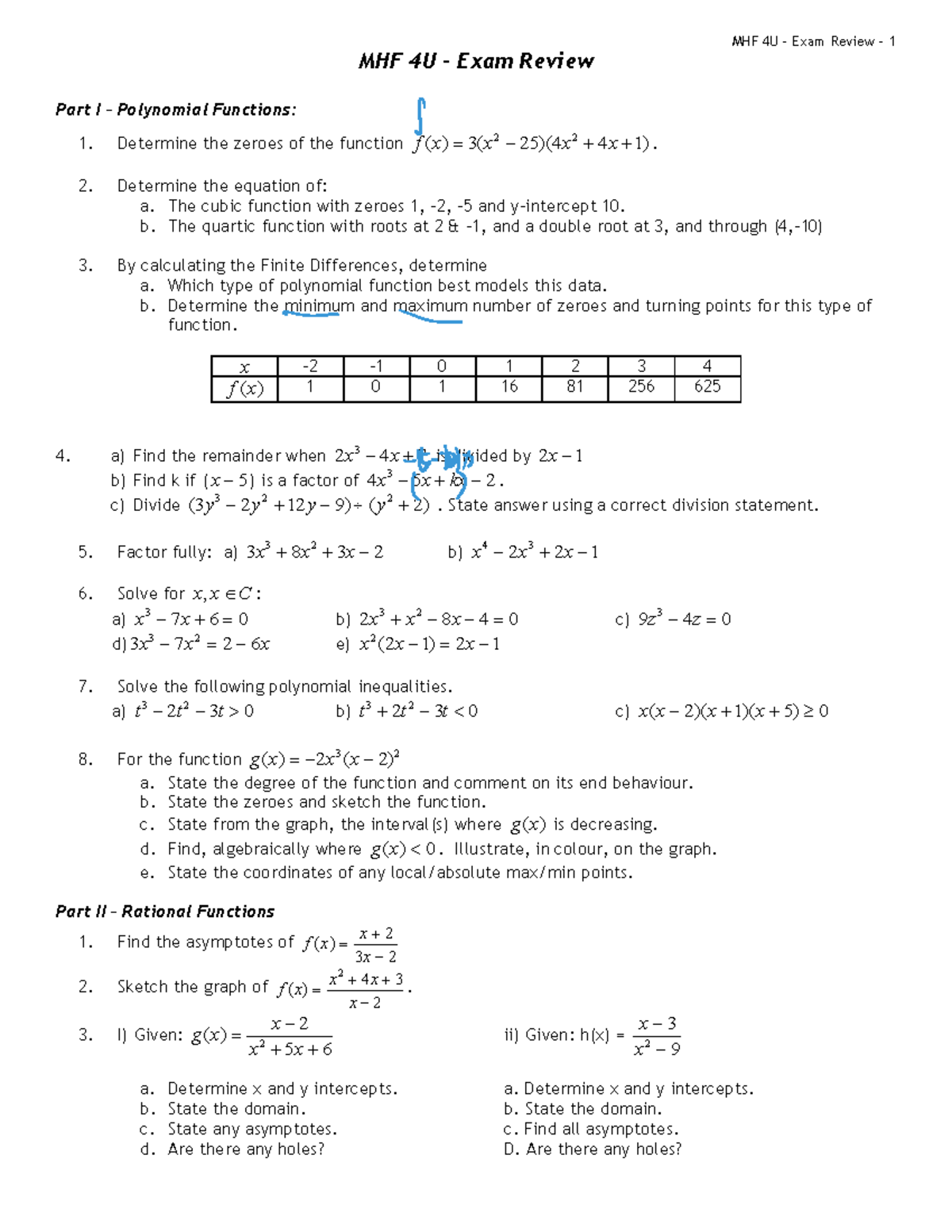 MHF 4U Exam Review 1: Polynomial and Rational Functions Practice - Studocu