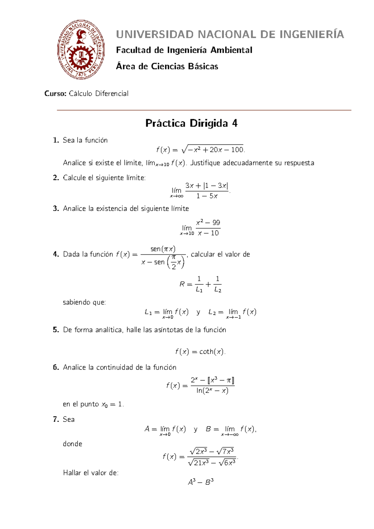 Práctica Dirigida 4 - Cálculo Diferencial - UNI - Studocu