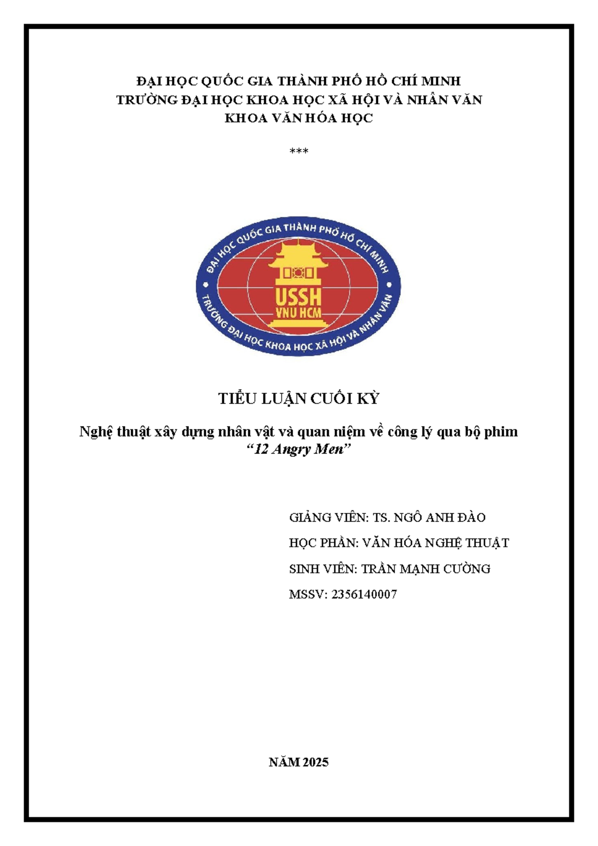 Tiểu luận cuối kỳ VĂN HÓA NGHỆ THUẬT: Phân tích phim Angry (1957) - Studocu