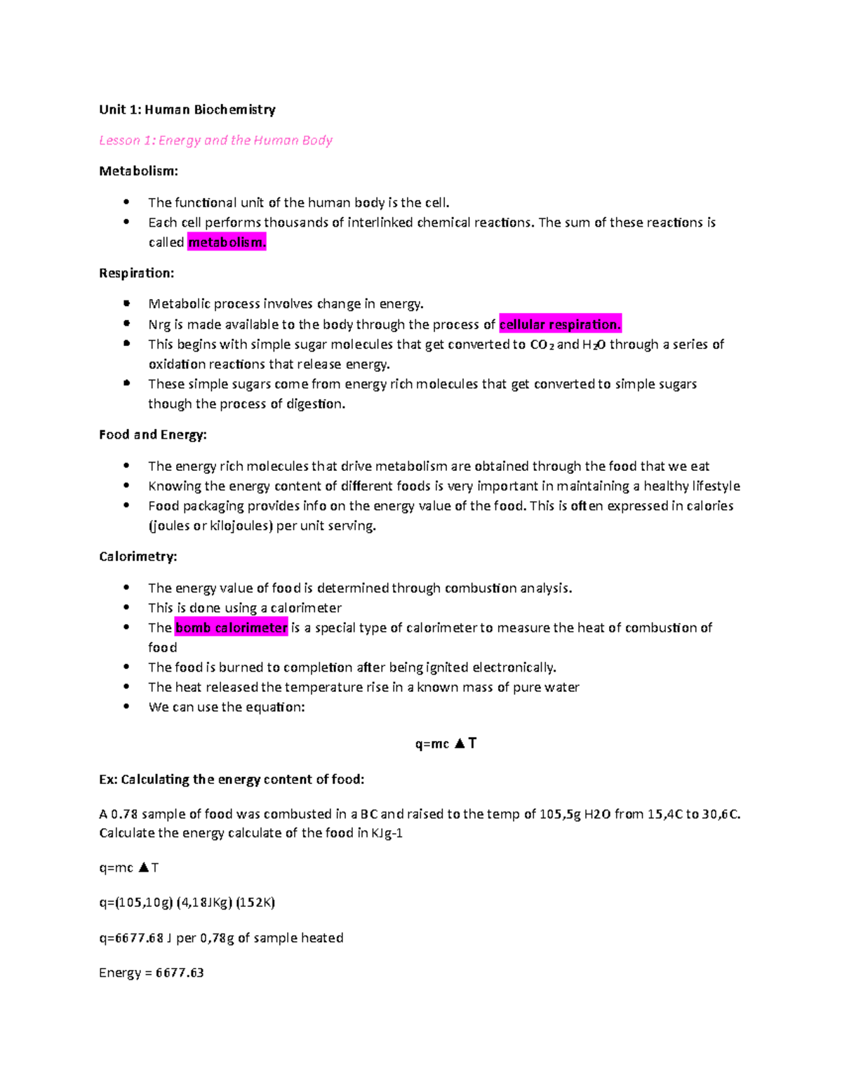 Human Biochemistry - IB Bio Unit 1 Lesson Notes on Metabolism and ...